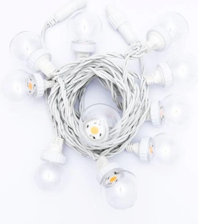 Easy Fix LED party osvětlení, 5 m, venkovní, 10 transparentních kouliček, 70 teple bílých diod, bílý kabel, IP67, prodlužovací