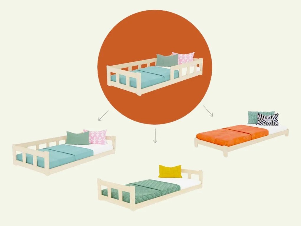 Benlemi Nízké jednolůžko FENCE 4v1 se zábranou 90x200 cm + matrace ADAPTIC Zvolte barvu: Šalvějová zelená, Zvolte zábranu: S jednou zábranou vlevo
