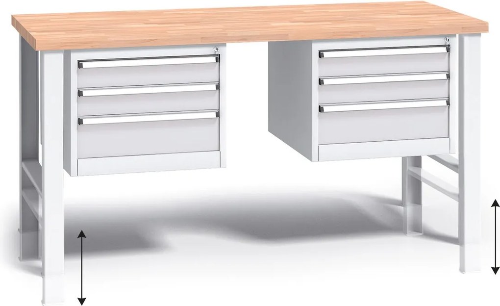 Výškově nastavitelný pracovní stůl do dílny G3 se 2 závěsnými boxy na nářadí, buková spárovka, 6 zásuvek, 1700 x 685 x 840 - 1050 mm, šedá