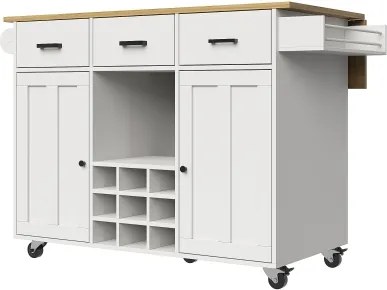 Aosom Kuchyňský vozík s rozkládací pracovní deskou, 3 zásuvky, 2 dveře, vinotéka a držák na ručníky, 124 x 40/65 x 91,5 cm, Bílá