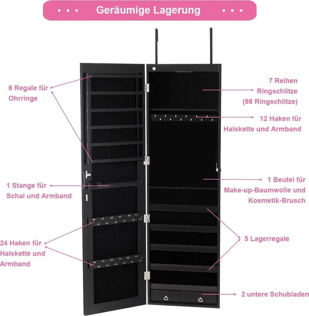 Costway Šperkovnice s LED osvětlením Šperkovnice se zrcadlem