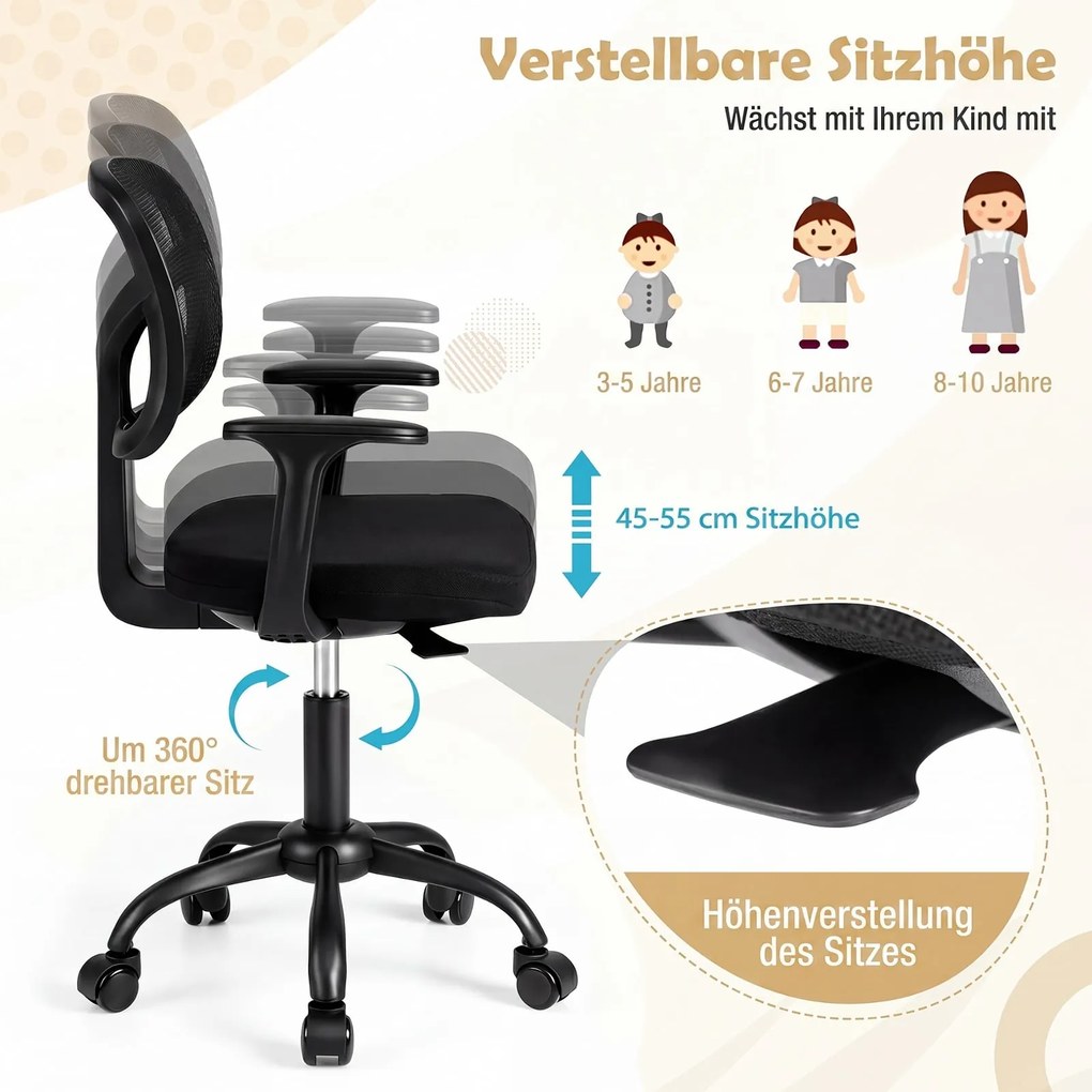Costway Ergonomická dětská psací židle s nastavitelnou výškou a – černý