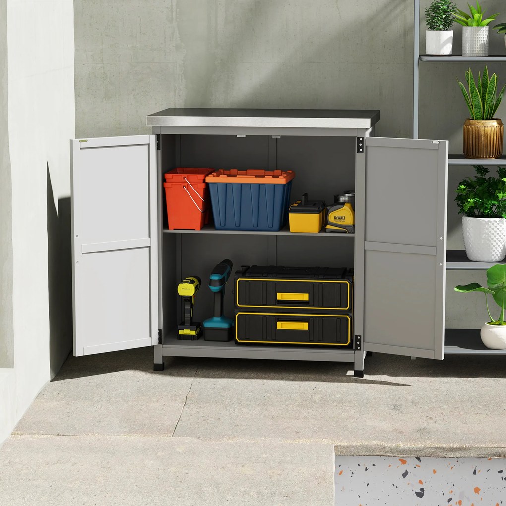 Outsunny Zahradní skříňka, venkovní skříňka s pracovním povrchem, skříňka na nářadí, masivní dřevo, ocel, 79Š x 43H x 92V cm, šedá