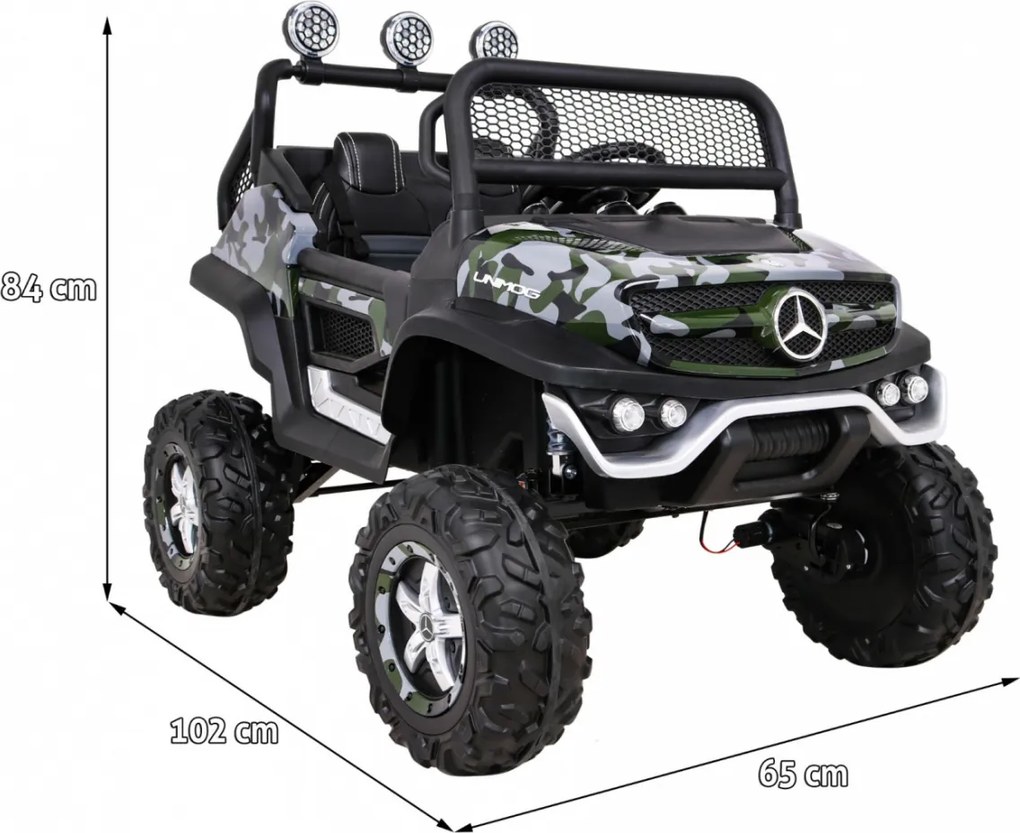 Ramiz Mercedes Benz Unimog elektrické autíčko pro děti maskáčové lakované + pohon 4x4 + dálkové ovládání + nosič zavazadel + pomalý start + MP3 + LED