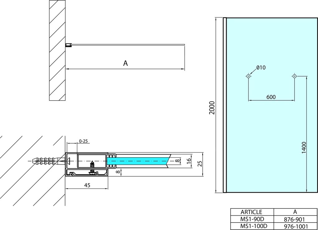 Polysan Polysan, MODULAR SHOWER stěna pro instalaci na zeď, jednodílná, 1000 mm s otvory pro držák ručníků, MS1-100-D