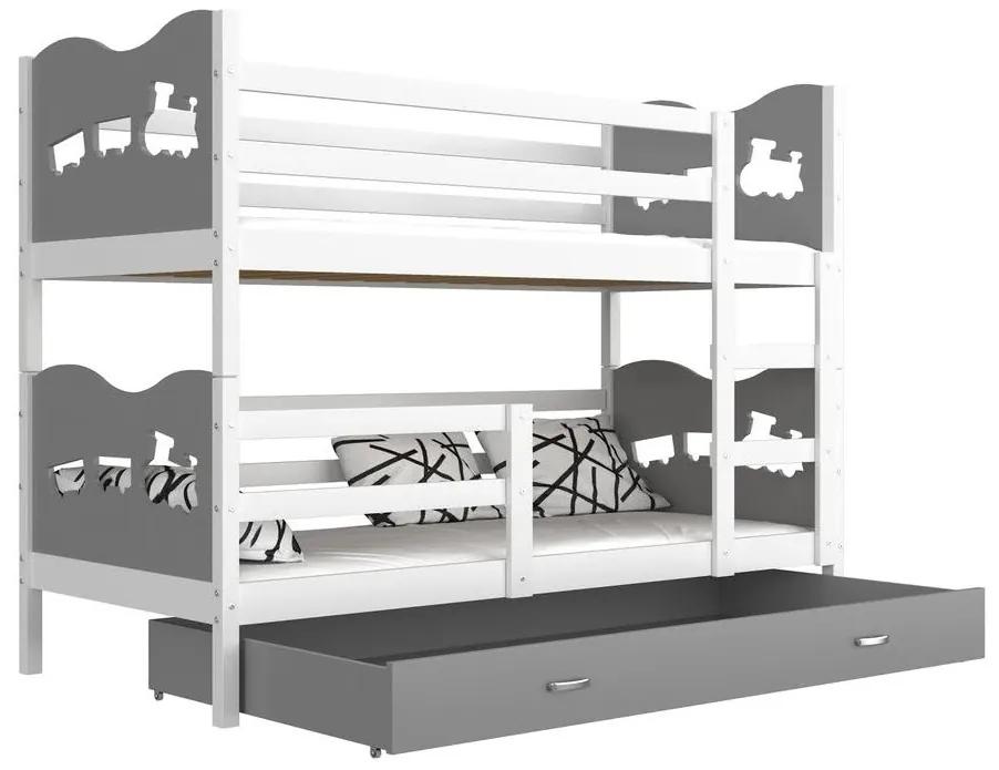 Expedo Dětská patrová postel FOX 2 COLOR + matrace + rošt ZDARMA, 190x80, bílý/šedý - vláček