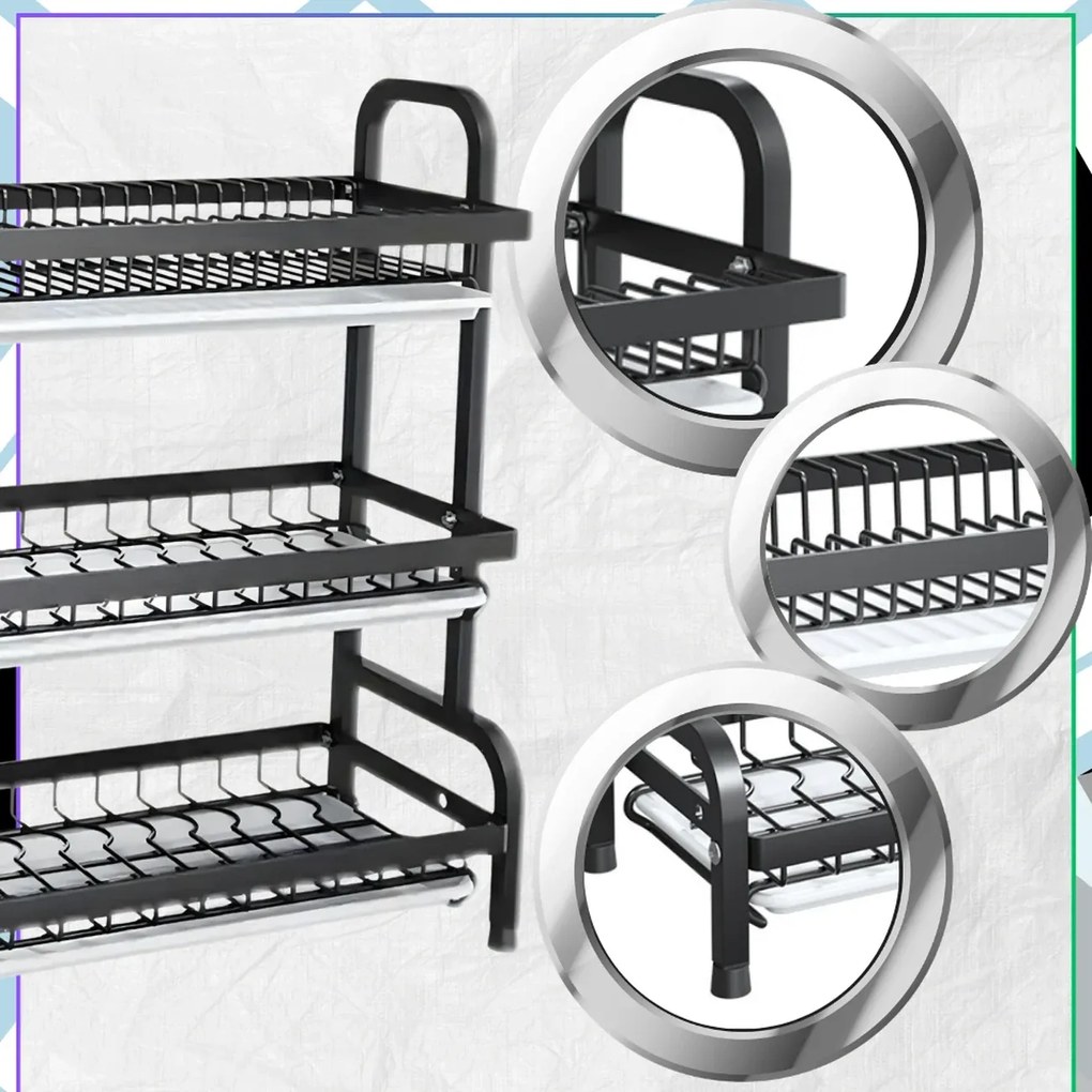 Camerazar Třípatrový sušič nádobí, kuchyňský organizér s odkapávačem 42 cm