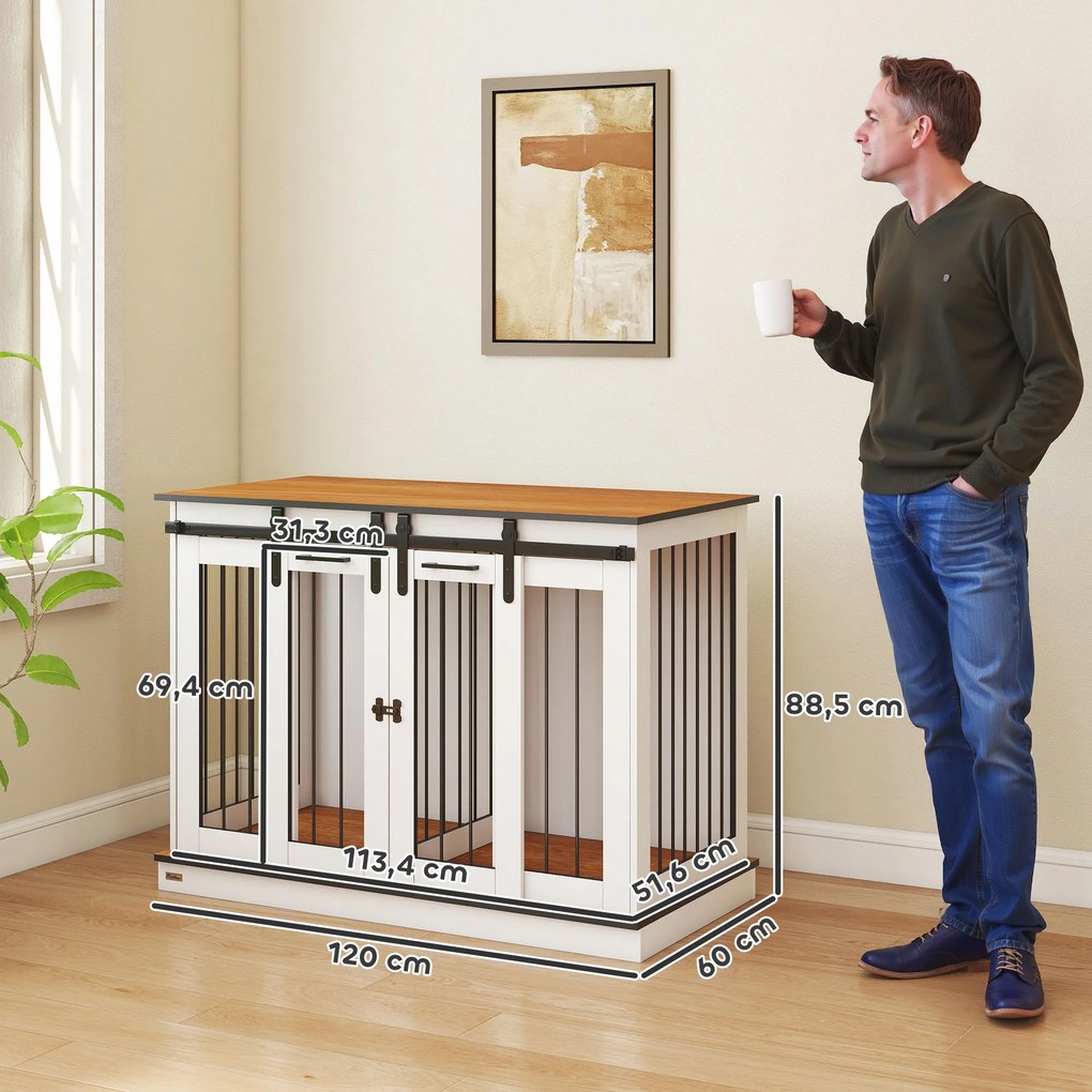 PawHut Klec pro psy se 2 dvířky, box pro psy, přepravní box pro psy, rustikální design, uzamykatelný, bílá barva