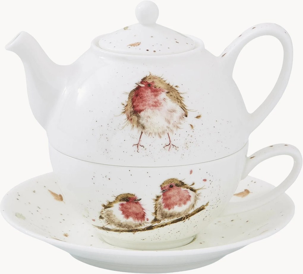 Sada na čaj z kostního porcelánu Tea For One Robin, 3 díly