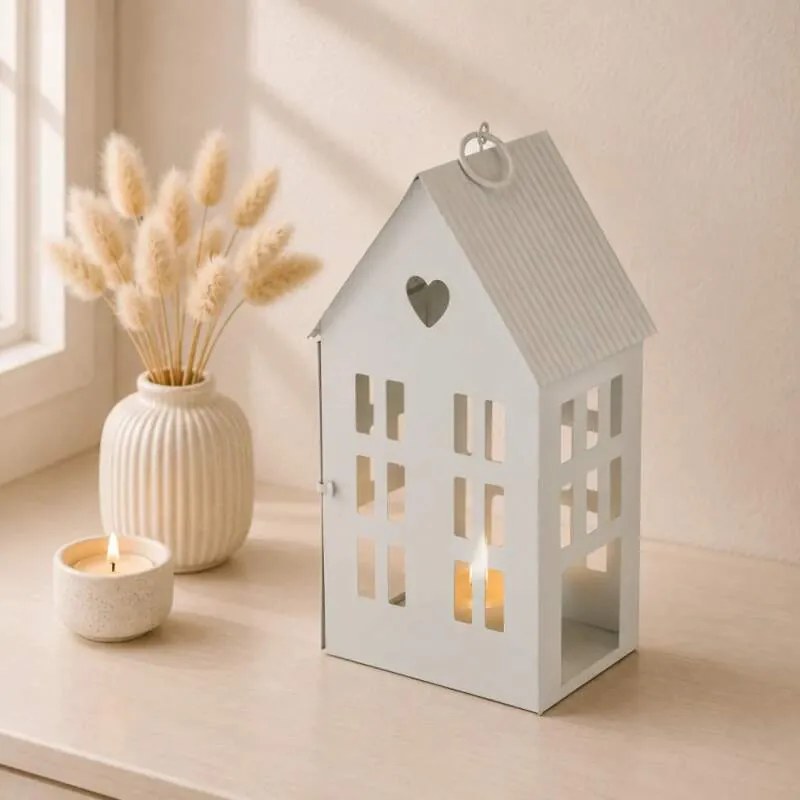 Lucerna kovová Domek 24 cm bílá