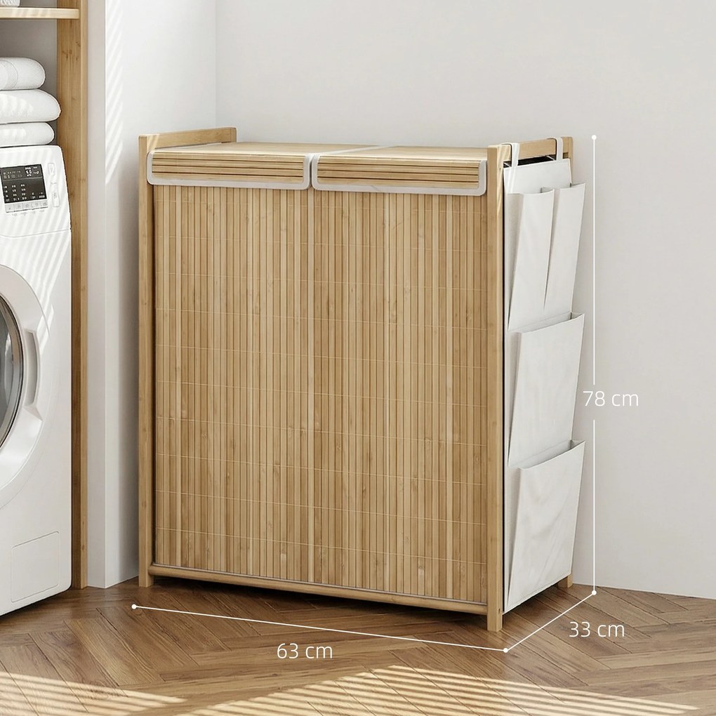 HOMCOM 120 l bambusový koš na prádlo s víkem, 2 přihrádky, snímatelné vaky se šňůrkou, boční kapsy, 63 × 33 × 78 cm, přírodní