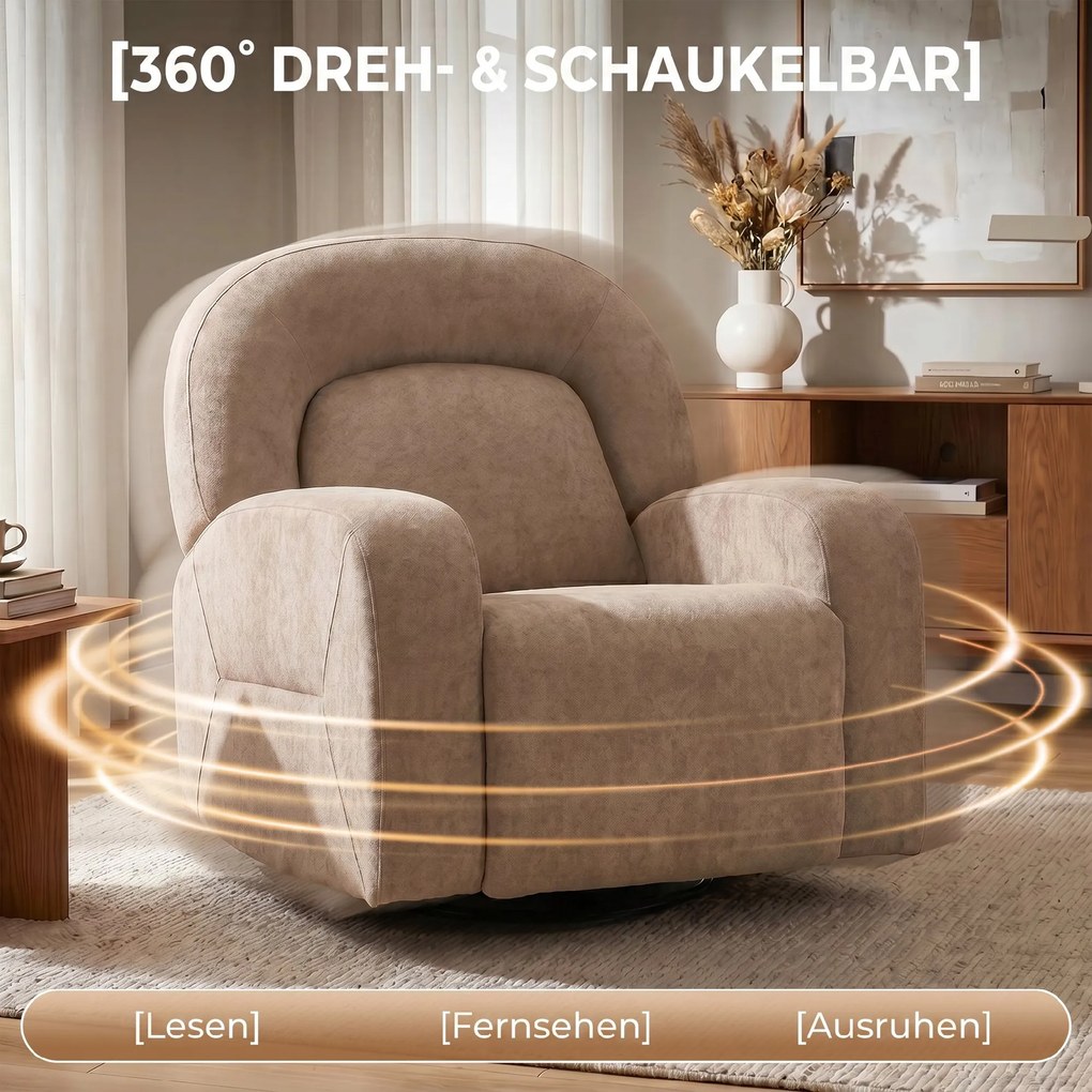 HOMCOM relaxační křeslo s plyšovým potahem – 360° otočné, houpací, sklápěcí do 135°, khaki