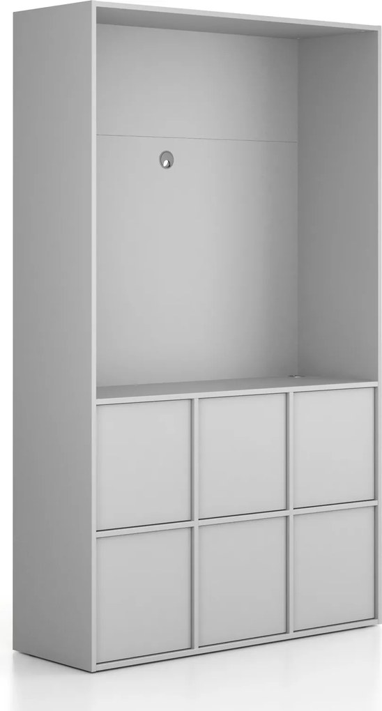 Kancelářská skříň FRAME, 6x dveře, prostor pro TV, 1299 x 450 x 2162 mm, PUSH-lock, šedá