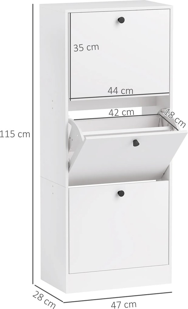 HOMCOM Botník se 3 skládacími dvířky, botník s nastavitelným děličem, štíhlý botník pro 12 párů bot 47 x 28 x 115 cm, bílý