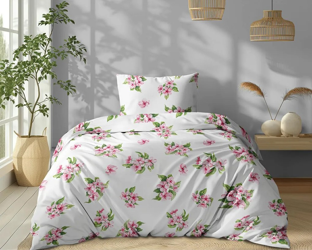 Detexpol Bavlněné ložní prádlo 140x200 bílé s růžovými květy – 5766 A – Cotton Bloom