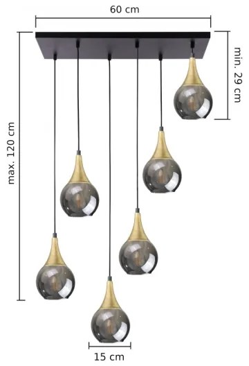 Lustr na lanku LACRIMA SMOKY 6xE27/60W/230V černá/zlatá/kouřová černá