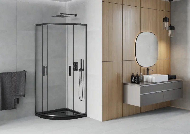Mexen Rio, čtvrtkruhový sprchový kout 90 x 90 cm, 6mm čiré sklo, černý profil + černá sprchová vanička, 863-090-090-70-00-4170B