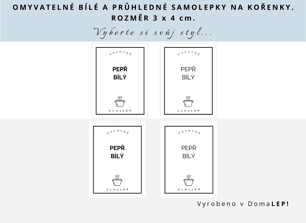 PEPŘ BÍLÝ - Samolepka na kořenky 3 x 4 cm - DomaLEP varianta: BÍLÁ - tučné písmo
