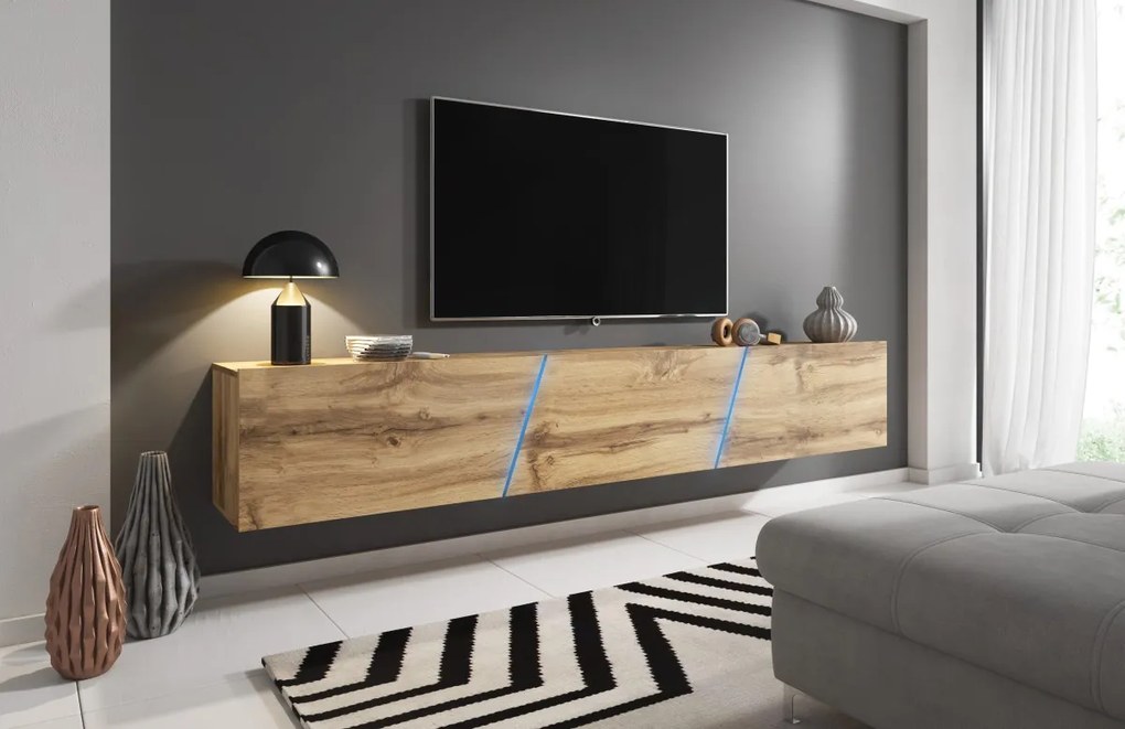 Závěsný TV stolek SLANT 240 cm s LED osvětlením dub wotan