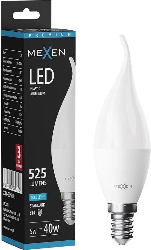 Mexen Nova, LED žárovka plamen E14, C37, 5W, Neutrální - 4000K, 525 lm - L106-E14-0540-01