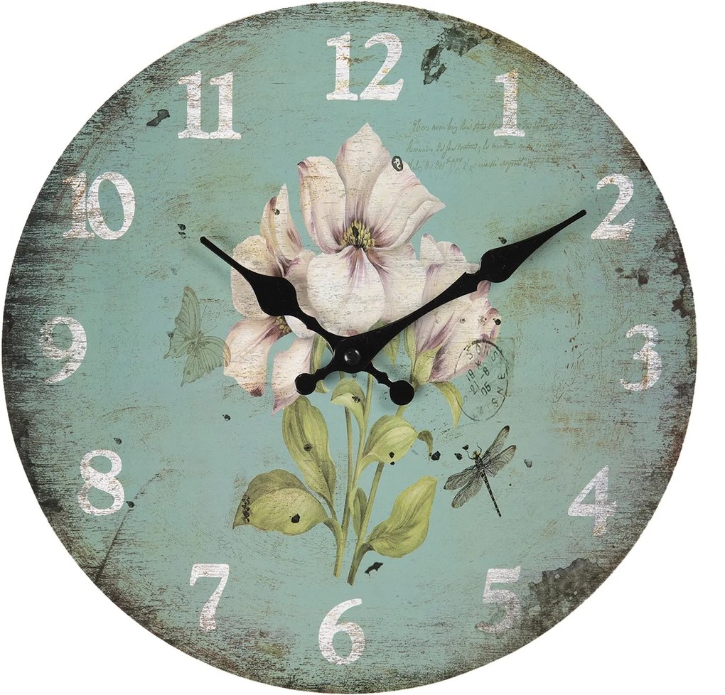 Zelené vintage hodiny s květinami – Ø 30*3 cm / 1*AA