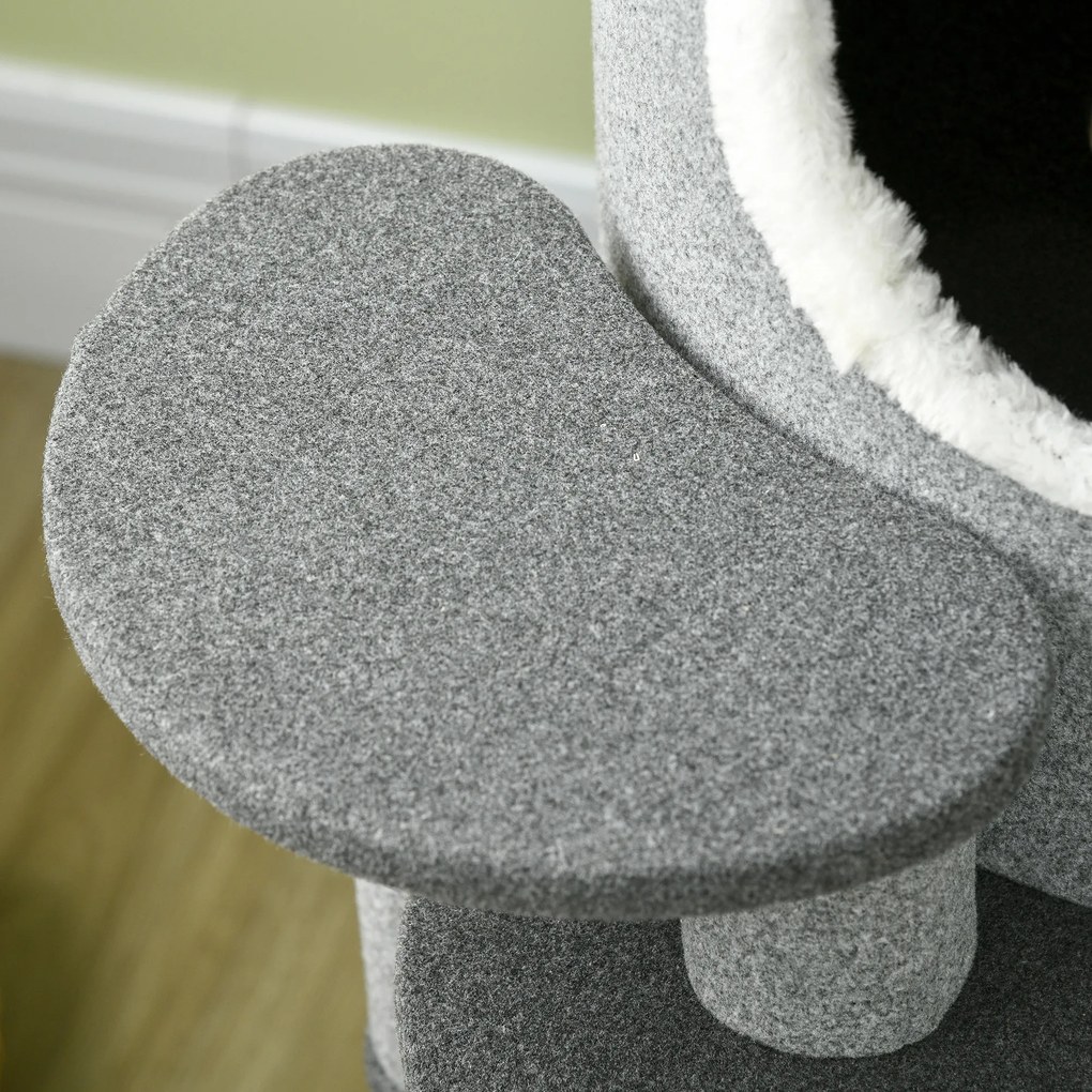 PawHut sud na škrabadlo pro kočky 99 cm s pelíškem, míčkem a plošinami, nábytek pro kočky, šedý