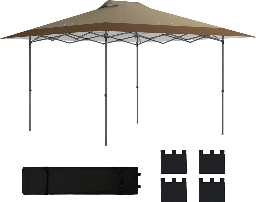 Outsunny skládací pop-up pavilon 4x4 m s centrálním zámkem UPF50+ Nastavitelná výška Písečné vaky a přepravní taška Béžová a hnědá