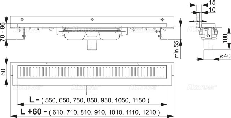 Alcaplast APZ1104-1050 Flexible Low podlahový žlab s nastavitelným límcem ke stěně