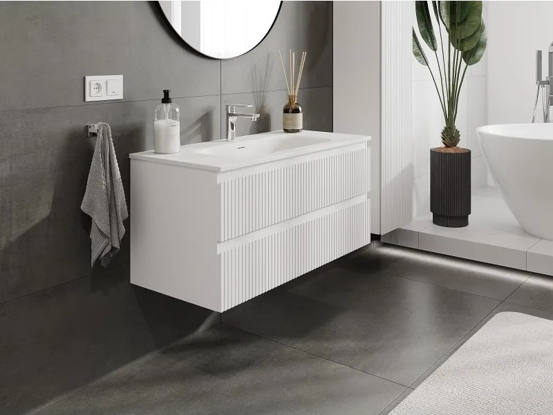 Mexen Rivel, koupelnová skříňka 100 cm s umyvadlem Vela, 2 zásuvky, drážkovaná, bílá matná, 91A20-10047-2-BFF01-W23M01
