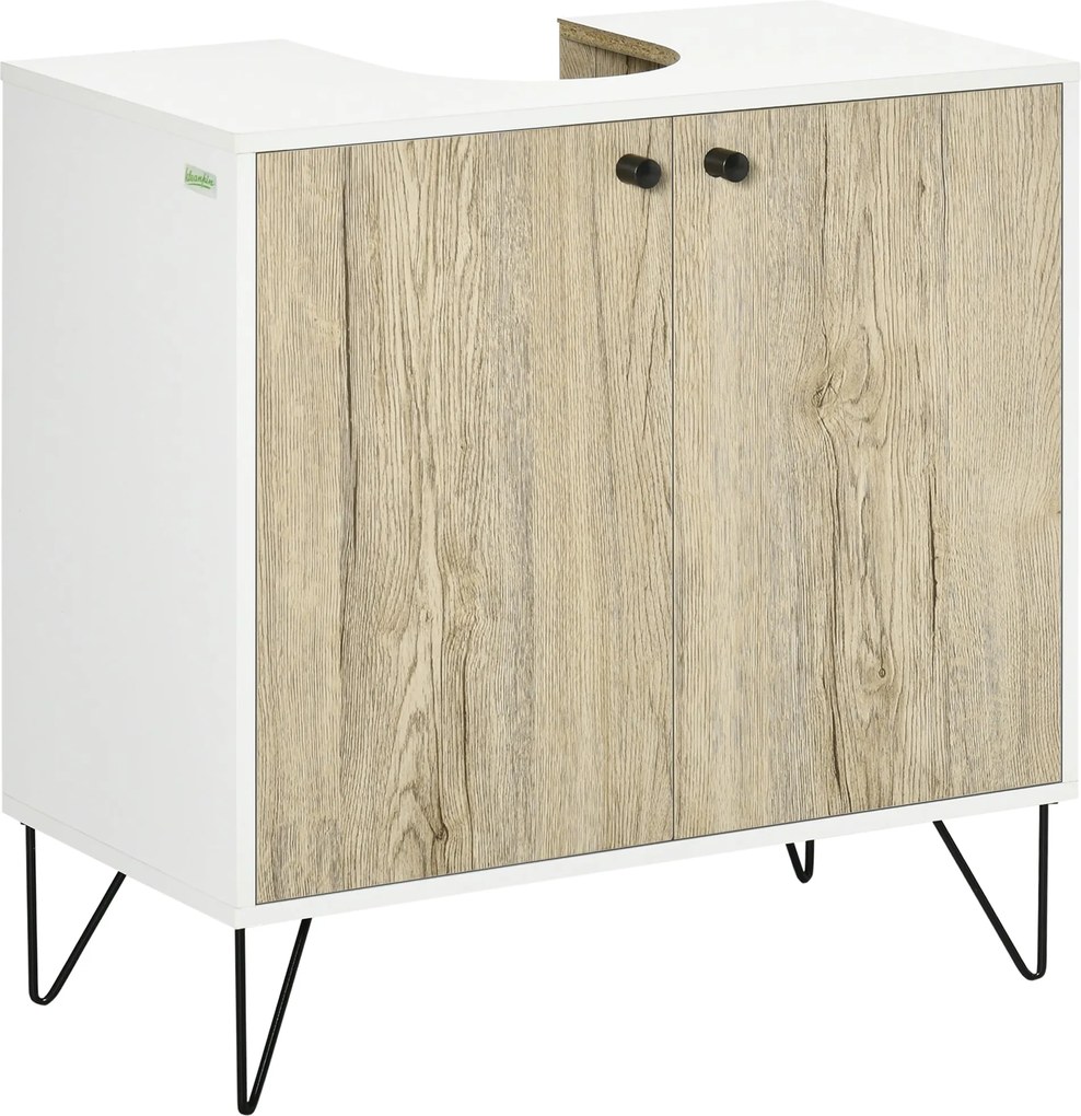kleankin Koupelnová Skříňka Pod Umyvadlo s Dvěma Dveřmi a Ocelovými Nohami 60x30x60 cm Ořech a Bílá | Aosom