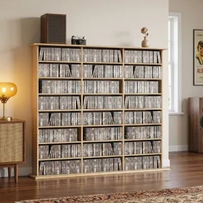 HOMCOM úložný nábytek pro 1032 CD / 594 DVD, multimediální regál, 24 přihrádek a 18 nastavitelných polic, dub