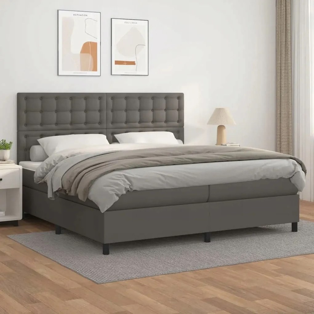 Box Spring Postel S Matrací Šedá Umělá Kůže Šedá tlačítka 200 x 200 cm