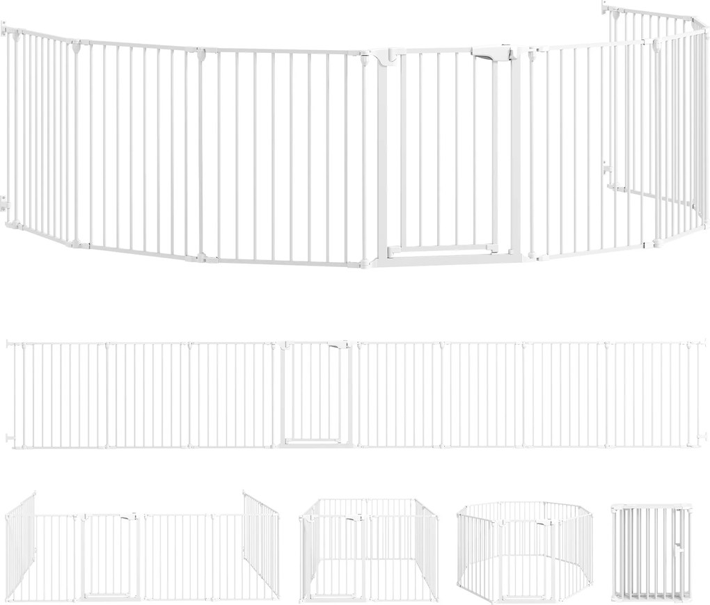 Ohradník pro domácí mazlíčky, 8dílná zábrana s dvířky, skládací, pro malé a středně velké psy, plast, uhlíková ocel, bílý