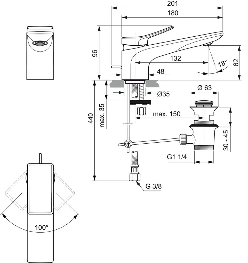 Ideal Standard Conca - Umyvadlová baterie s odtokovou garniturou, ušlechtilá ocel BC753GN