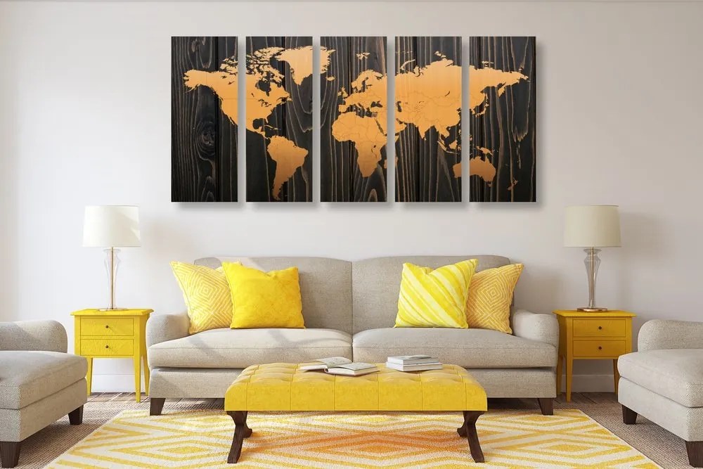 5-dílný obraz oranžová mapa na dřevě - 100x50 cm
