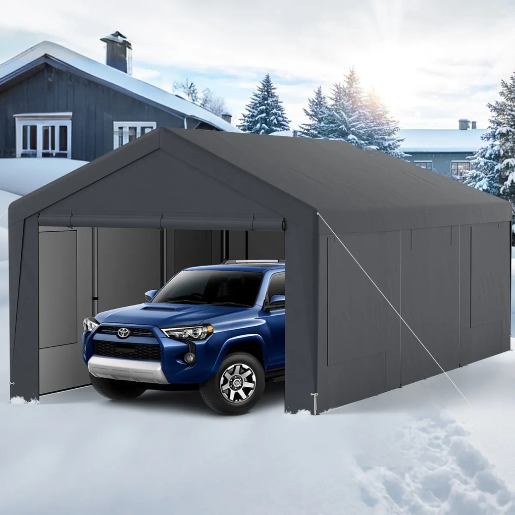 Costway Carport Stan Garáž s 8 odnímatelnými bočními stěnami a rolovacími dvířky