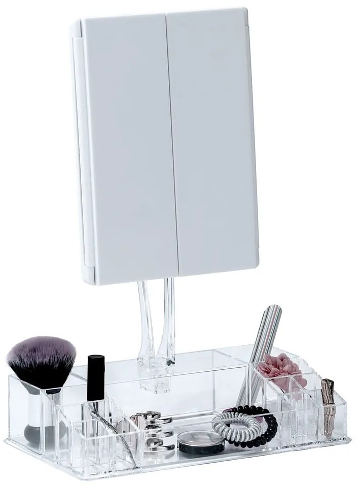 Bílé rozkládací kosmetické zrcadlo s LED podsvícením a organizérem na make-up Fanano