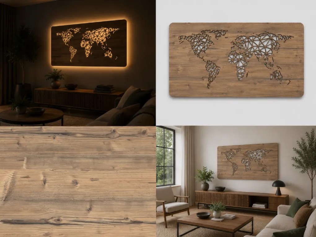 Li-Go "Mapa světa" světelný obraz s baterií a pohybovým čidlem 120x60 cm provedení povrchu: jedle