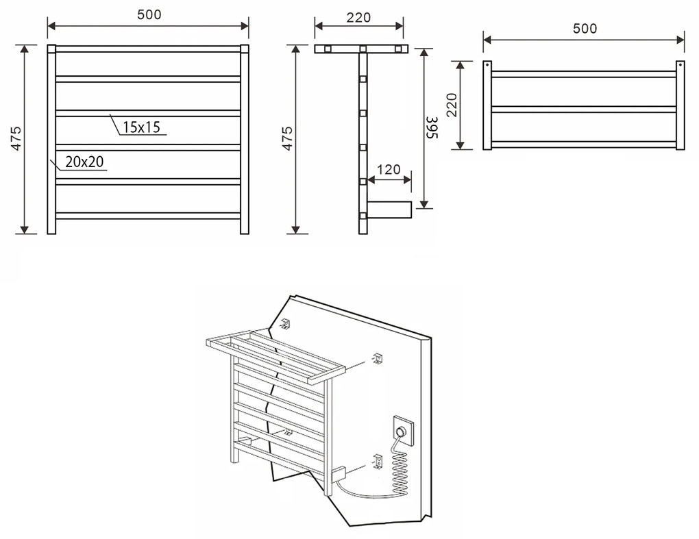 Sapho, ELZOR Elektrický sušák ručníků 500x470mm, 60W, bílá matná, EB500