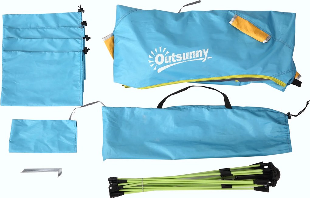 Outsunny Plážový Stan s Vyklápěcími Okny a Zipovým Vstupem, Instantní Polyesterový a Skleněný Stan, 220x173x120 cm, Světlá modrá a žlutá