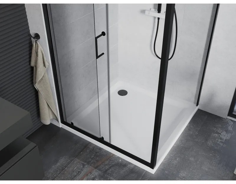 Mexen Apia rozsouvací sprchový kout 100 x 100 cm, Průhledné, Černá + sprchová vanička Flat, Bílá- 840-100-100-70-00-4010B