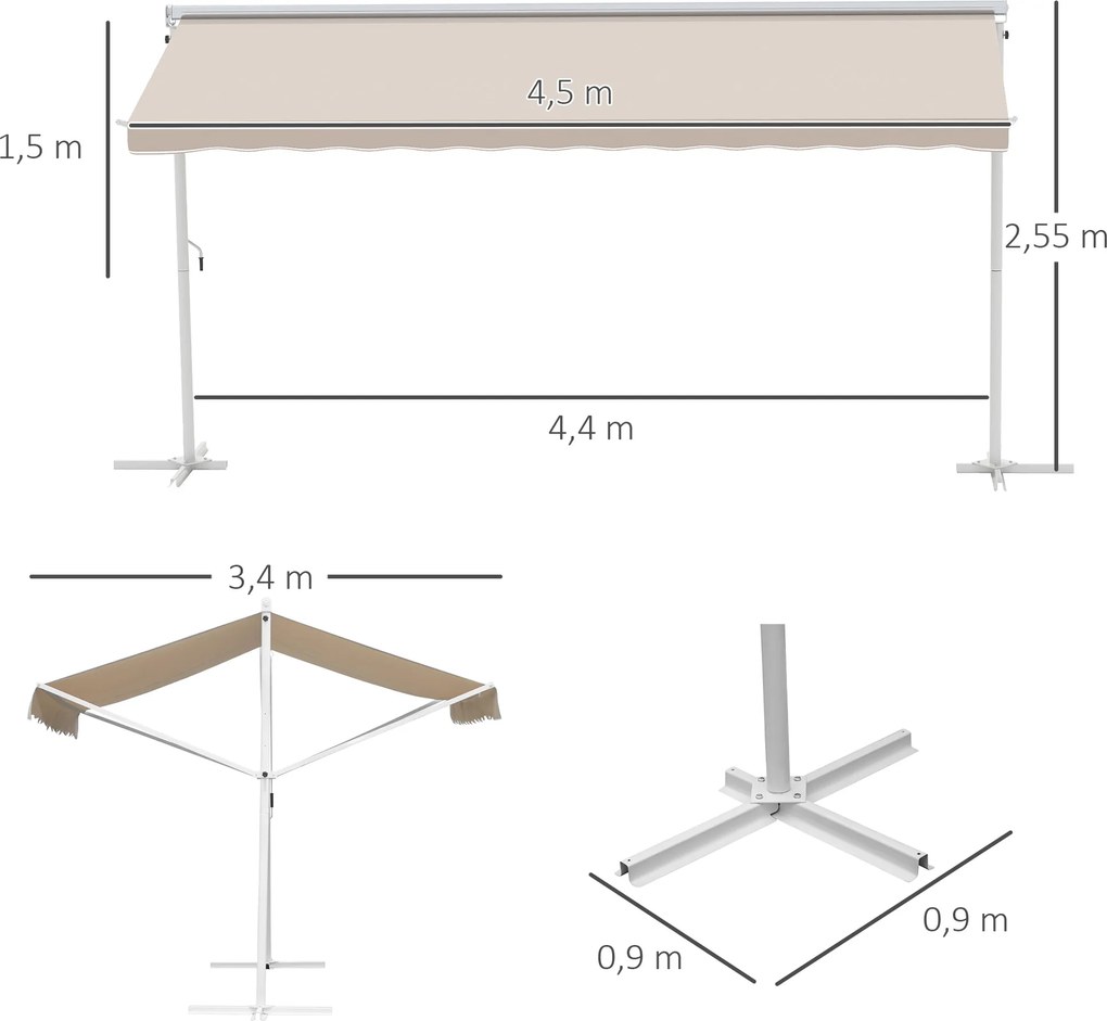Stojící markýza Markýza 4,5 x 3,4 m kryt terasy zahradní markýza se skládacím ramenem klika terasa krémová hliníková kovová