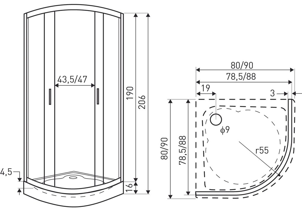 Novoterm Čtvrtkruhový sprchový kout NV-Madera 90x90 chrom/potisk - bez vaničky