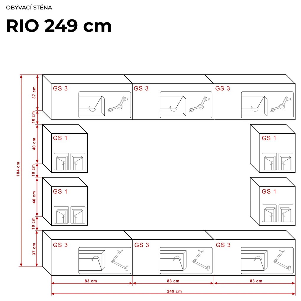 Ral Obývací stěna RIO 2, 249 cm - Černý lesk