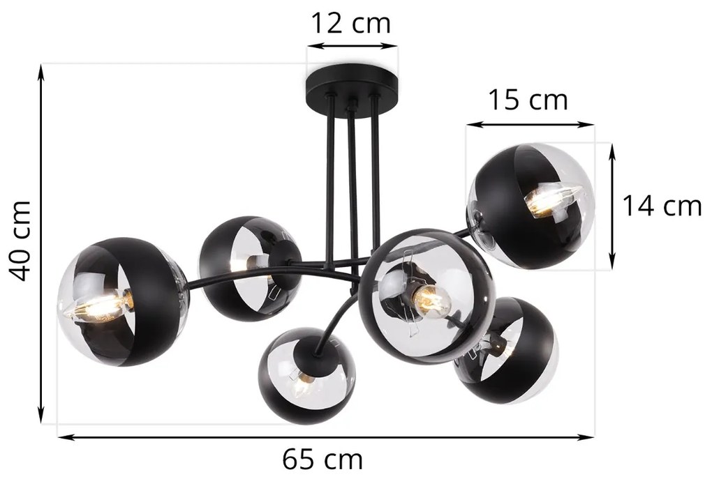 Stropní svítidlo Toledo, 6x černé/transparentní skleněné stínítko, B