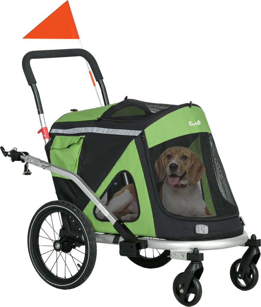 PawHut 2-in-1 cyklo vozík pro psy, kočárek pro domácí zvířata s bezpečnostním vodítkem, kočárek pro psy s reflexními plochami a tlumiči nárazů pro stř