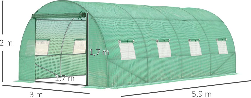 Fóliový skleník Outsunny o rozměrech cca 6 x 3 x 2 m s 8 okny, rolovacími dveřmi, rolovacími bočními stěnami, fóliovým tunelem odolným proti UV zářen…