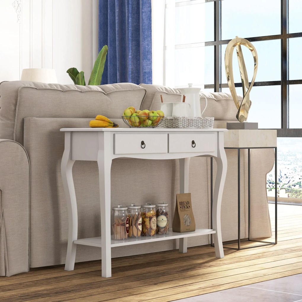 HOMCOM Konferenční Stolek s Úložným Prostorem do Obývacího Pokoj a Předsíně s Šuplíky a Policí Elegantní Design 100x33x75cm Bílý Lesklý Dřevěný
