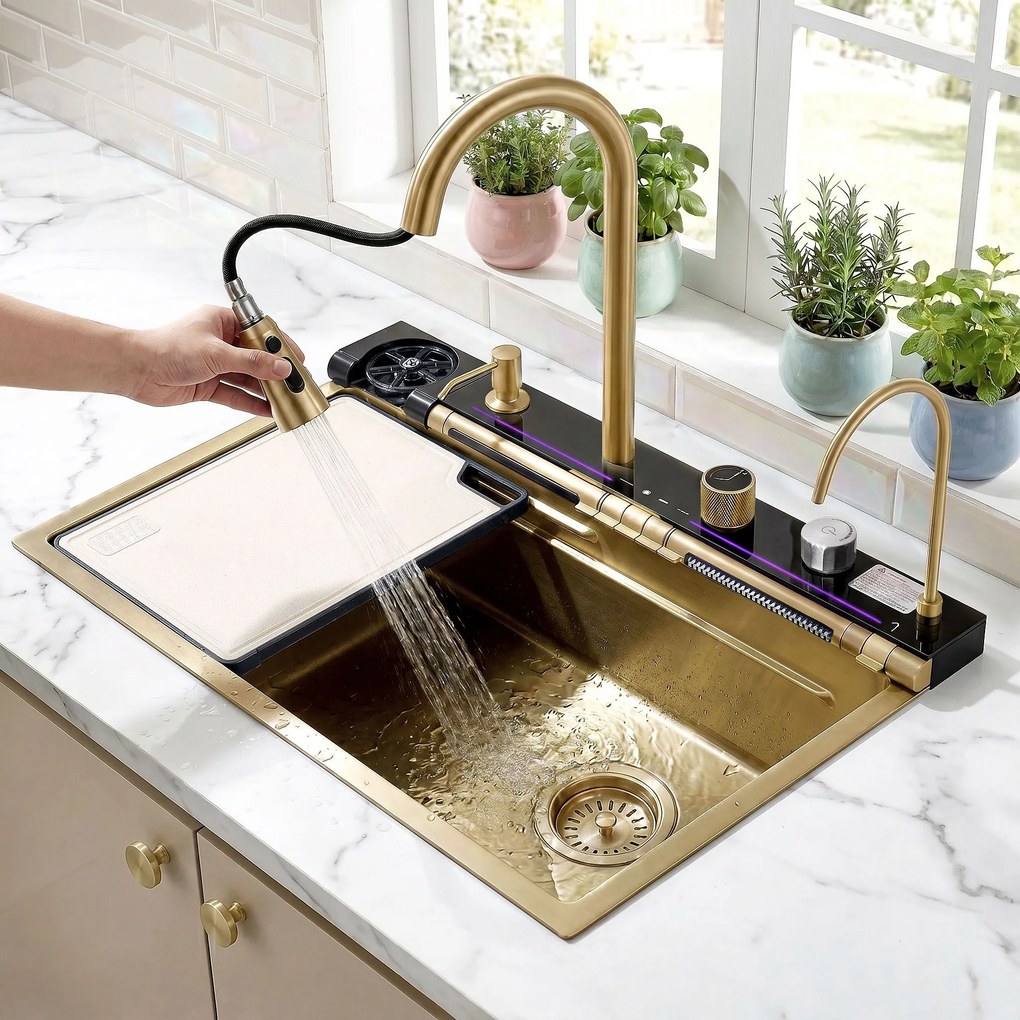 Rea, Multifunkční ocelový dřez 10 v 1 REA Alonzo Brush Gold, ZLE-06419