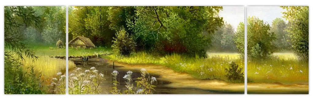 Obraz - Řeka u lesa, olejomalba (170x50 cm)